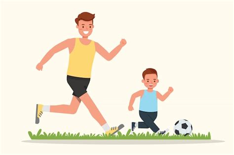 Père et fils jouant au football Vecteur Premium