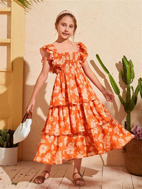 Girls Floral Print Ruffle Sleeve Shirred Layered Hem Dress Fancy