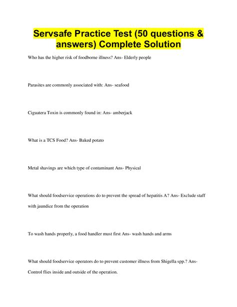 Servsafe Practice Test 50 Questions Answers Complete Solution