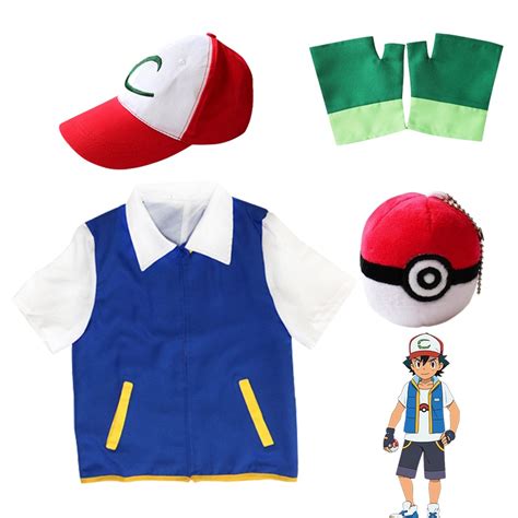 Pokemon Ash Ketchum Cosplay Costume Full Set Adults Jacket Gloves Hat