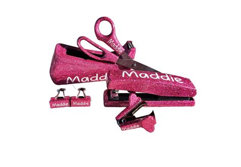 Personalized Pink Glitter Office Supplies Custom Pink Office Set With