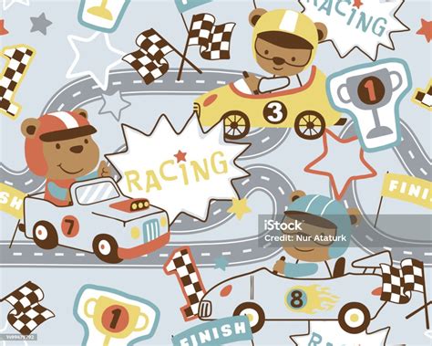 재미있는 곰 만화 자동차 경주 요소가 있는 자동차 경주의 원활한 패턴 벡터 경주용 자동차 자동차에 대한 스톡 벡터 아트 및 기타 이미지 경주용 자동차 자동차 드로잉