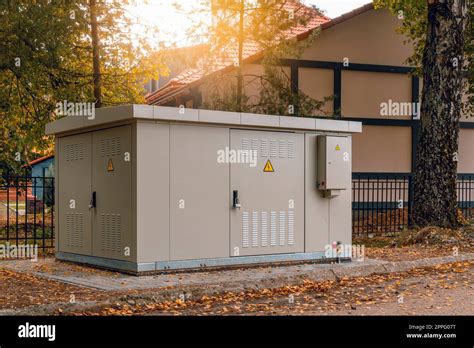 Outdoor Electric High Voltage Distribution Cabinet In A Town Stock