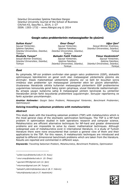 Pdf Gezgin Satıcı Problemlerinin Metasezgiseller Ile Çözümü