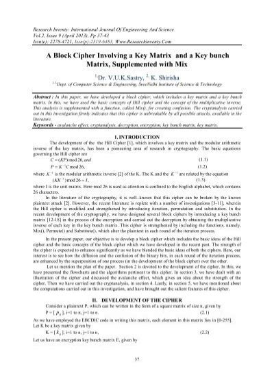 A Block Cipher Involving A Key Matrix And A Key Research Inventy