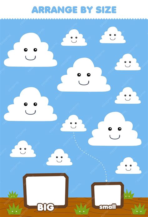 아이들을 위한 교육 게임은 크거나 작은 크기로 정렬하여 귀여운 만화 구름 인쇄 가능한 자연 워크시트의 선물 상자에 넣습니다 프리미엄 벡터