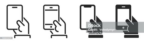 손에 스마트 폰 아이콘이 설정되었습니다 스마트폰을 들고 있다 스마트폰 터치스크린 탭 기호 휴대 전화 회선 및 플랫 다른 스타일