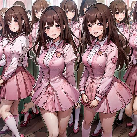 Anime Girls In Pink Uniforms Posing For A Picture In Front Of A Mirror