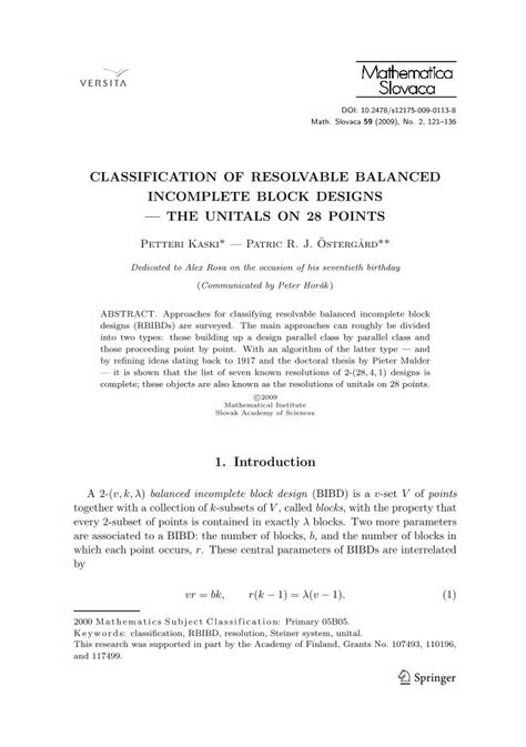 Pdf Classification Of Resolvable Balanced Incomplete Block Designs
