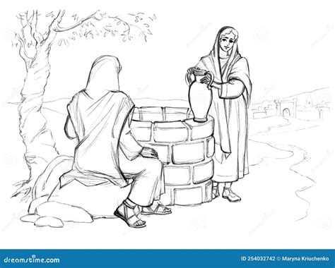 Christ And The Samaritan Woman At The Well Pencil Drawing Stock