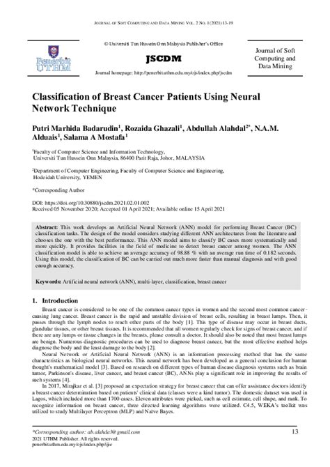Pdf Classification Of Breast Cancer Patients Using Neural Network Technique