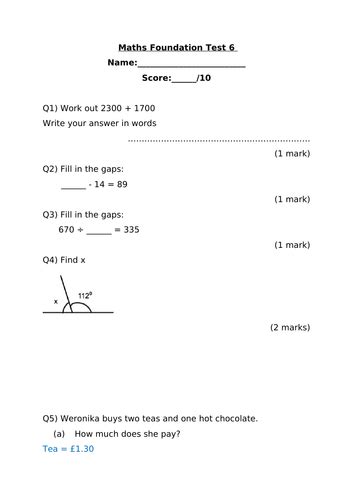 Maths Foundation Test 6 Teaching Resources
