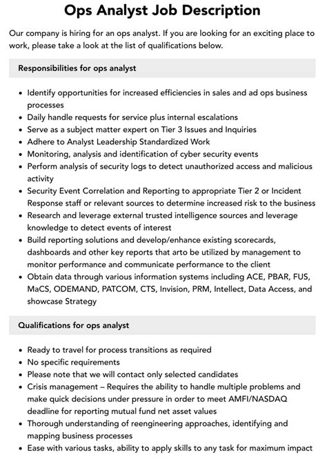 Ops Analyst Job Description Velvet Jobs