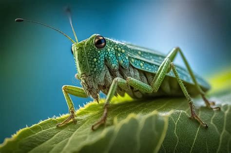 Green Grasshopper Sitting On Tree In The Garden In Focus Shot Of A
