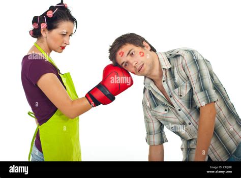 Angry Wife Boxing Unfaithful Husband Isolated On White Background Stock