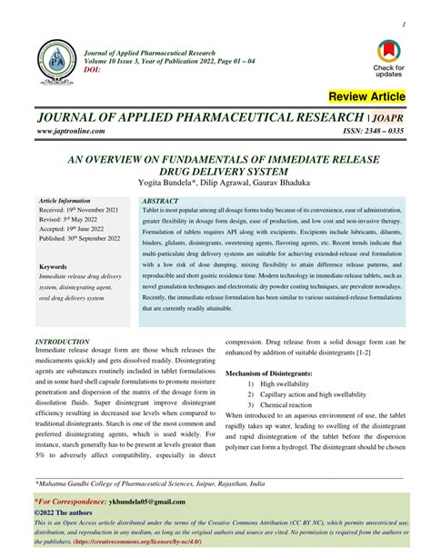 Pdf An Overview On Fundamentals Of Immediate Release Drug Delivery System