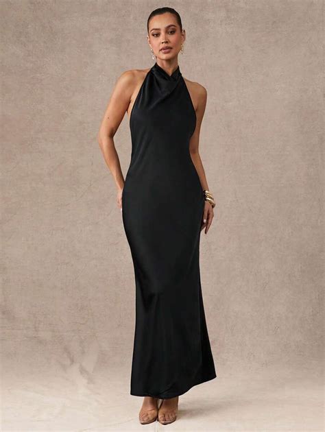 Silquee Women S Solid Black Satin Twist Dress Event Formal Wear Linen