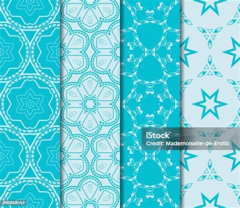 현대 꽃 장식 4 완벽 한 기하학적 패턴의 집합입니다 바다 색상 배경입니다 벡터 일러스트 레이 션 벽지 인쇄 박스 디자인 0명에 대한 스톡 벡터 아트 및 기타 이미지