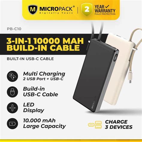 Jual Micropack Pb C10 Power Bank 10000 Mah Built In Type C Cable