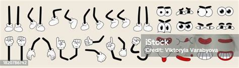 70년대 그루비한 코믹 얼굴 벡터 세트 만화 캐릭터 얼굴 다리 행복 화남 슬픔 쾌활한 다양한 감정의 손 모음 귀여운 복고풍 그루비 히피 일러스트레이션 장식 스티커 로고에