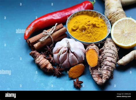 Boosting Immune System Concept Herbal Remedy Ingredients On A Table