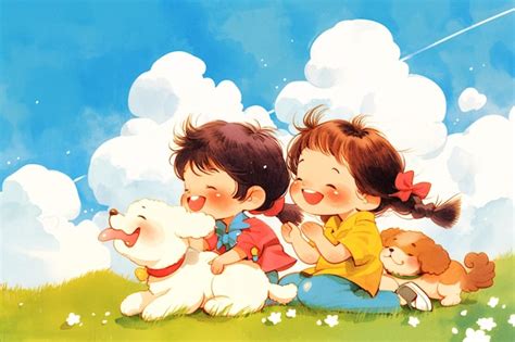 Los Niños Se Sientan En La Hierba Y Cantan Felices Bajo El Cielo Azul Y