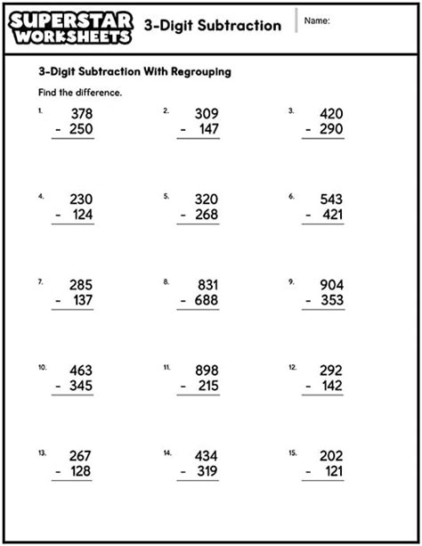 3 Digit Subtraction Worksheets Superstar Worksheets