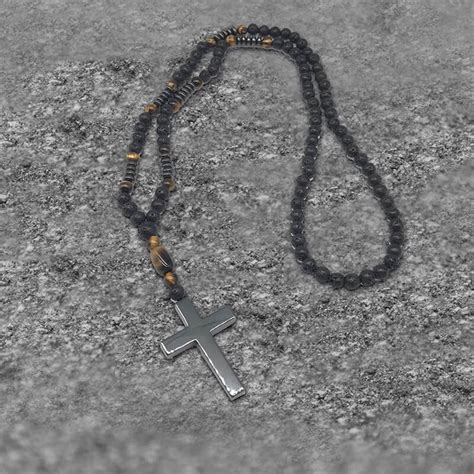 Latin Cross Stone Bead Biker Rosary Necklace Gthic