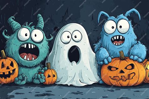 a group of halloween monsters playing charades but the ghost keeps