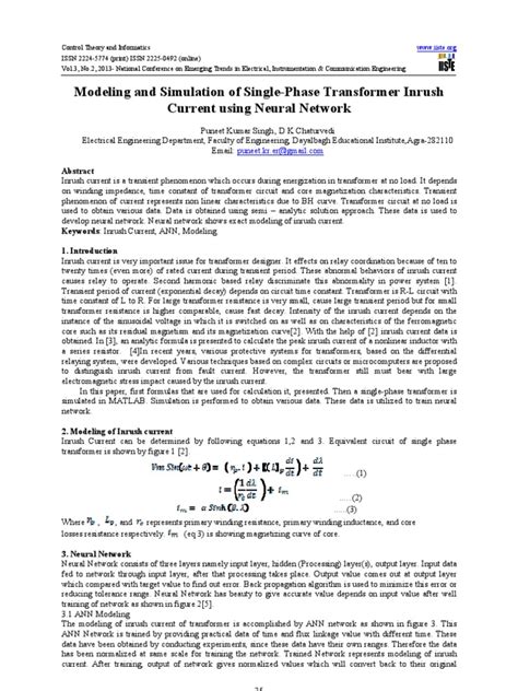 Pdf Modeling And Simulation Of Single Phase Transformer Inrush