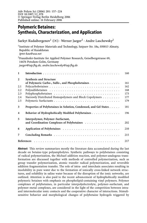 Pdf Polymeric Betaines Synthesis Characterization And Application
