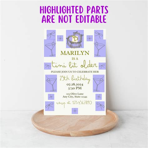 Editable Tini Bit Older Birthday Invitation Martini Theme Party Hand