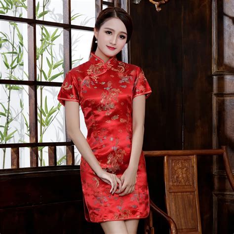 Chinese Style Women Dragon Phenix Qipao Classic Red Satin Cheongsam