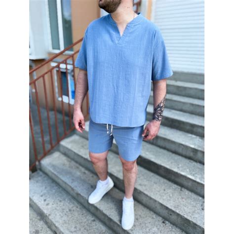 Мужской голубой льняной костюм свободного кроя | Look4stuff drop