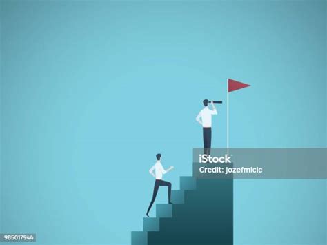 비즈니스 리더 고 몽 상 적인 벡터 개념입니다 사업 그리고 단계에 그의 추종자입니다 야망 리더십 비전 성취의 상징 망원경에 대한