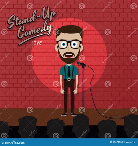 Adult Male Stand Up Comedian Cartoon Character On Red Brick Stage With