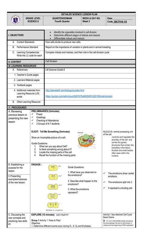 SOLUTION Detailed Lesson Plan Cell Division Studypool