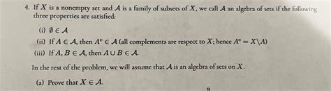 Solved If X Is A Nonempty Set And A Is A Family Of Subsets Chegg Com