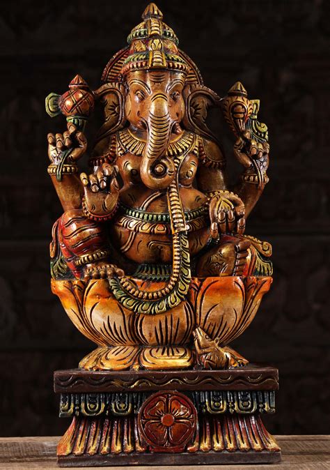 Wood Seated Ganesh Sculpture On Lotus Base 24 95w9 Lotus Sculpture