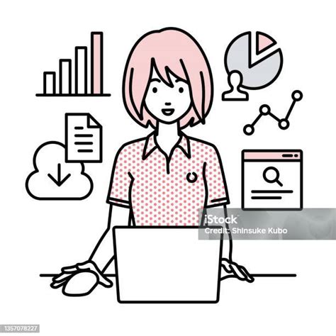 웹 사이트 검색 클라우드에서 파일 공유 분석 및 책상에서 보고서를 만들기 위해 랩톱 컴퓨터를 사용하는 폴로 셔츠를 입은 여성 검색에 대한 스톡 벡터 아트 및 기타 이미지