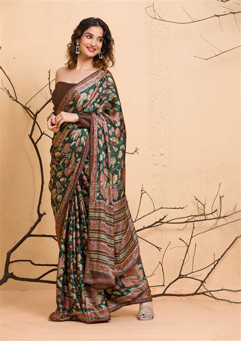 Buy Leaf Green Floral Printed Semi Crepe Saree Koskii