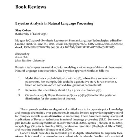 Book Review Bayesian Analysis In Natural Language Processing By Shay