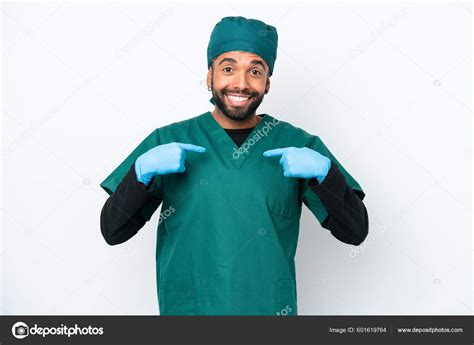 Surgeon Brazilian Man Green Uniform Isolated White Background Surprise