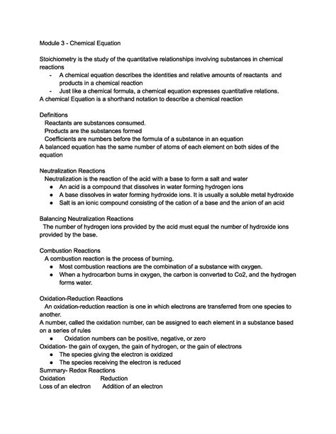 CH 3 Notes Chem Module 3 Chemical Equation Stoichiometry Is The