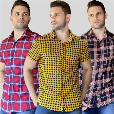 Camisa Xadrez Masculina Manga Curta De Botão Em Viscose Social Blusa