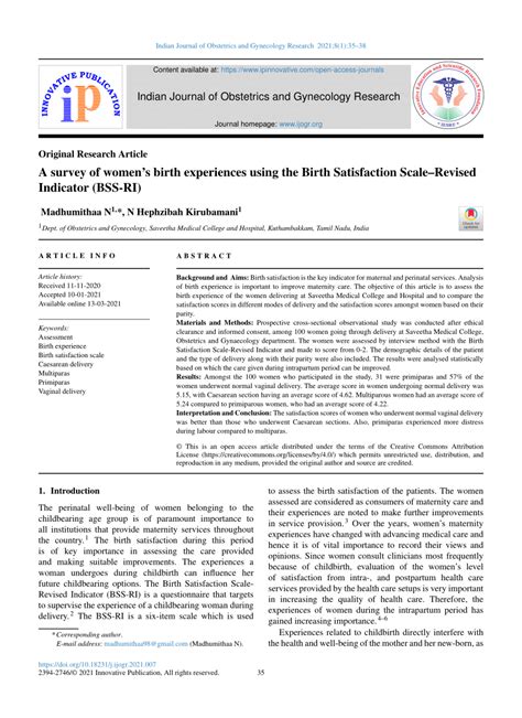Pdf A Survey Of Womens Birth Experiences Using The Birth Satisfaction Scalerevised Indicator