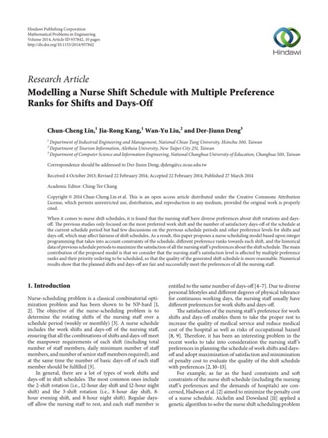 Pdf Modelling A Nurse Shift Schedule With Multiple Preference Ranks
