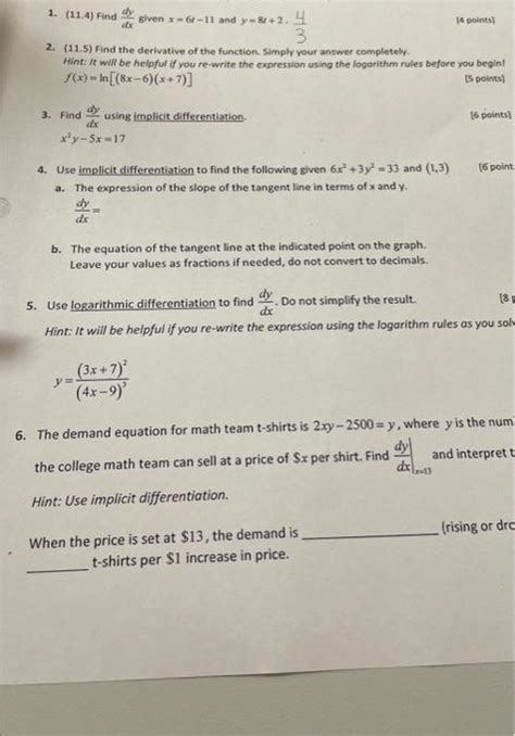 Solved 1 114 Find Dxdy Given X−6t−11 And Y8t2 34 2
