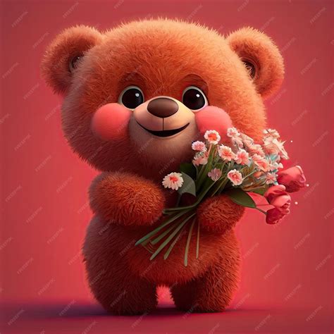 Premium Photo Smiling Cute Bear Holding Bouquet In Colorful Flowers