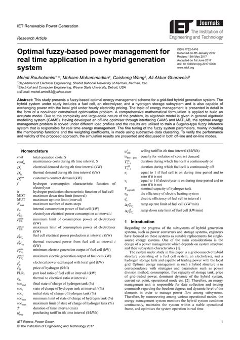 Pdf Optimal Fuzzy Based Power Management For Real Time Application In A Hybrid Generation System